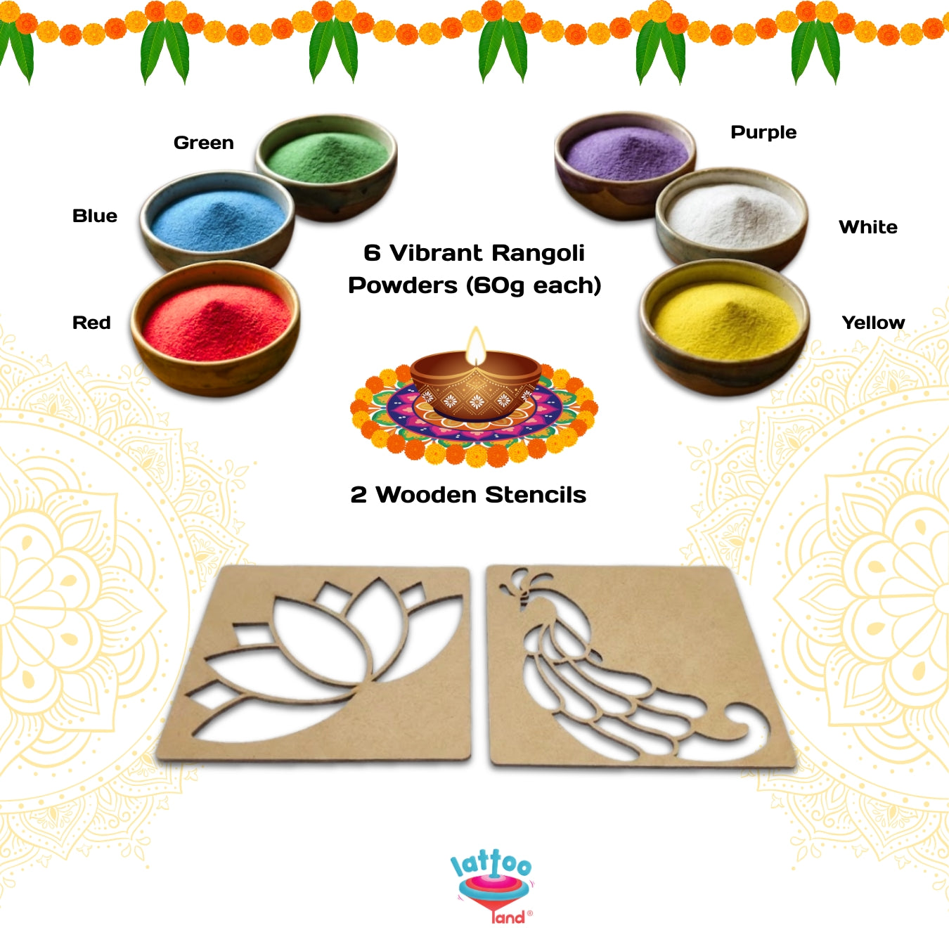 Set of 6 Organic Rangoli Powder with 2 Wooden Stencils | DIY activity ...